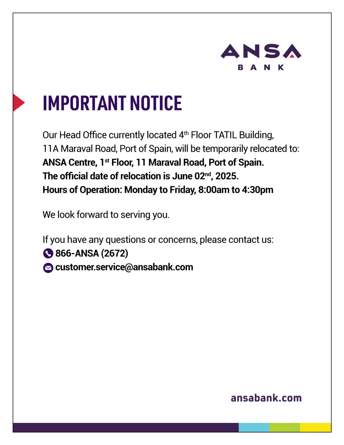 ANSA Bank | ANSA Bank Head Office Relocation Notice